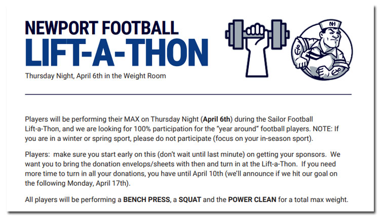 Lift-a-Thon (2nd annual) – April 6th – Tarfootball